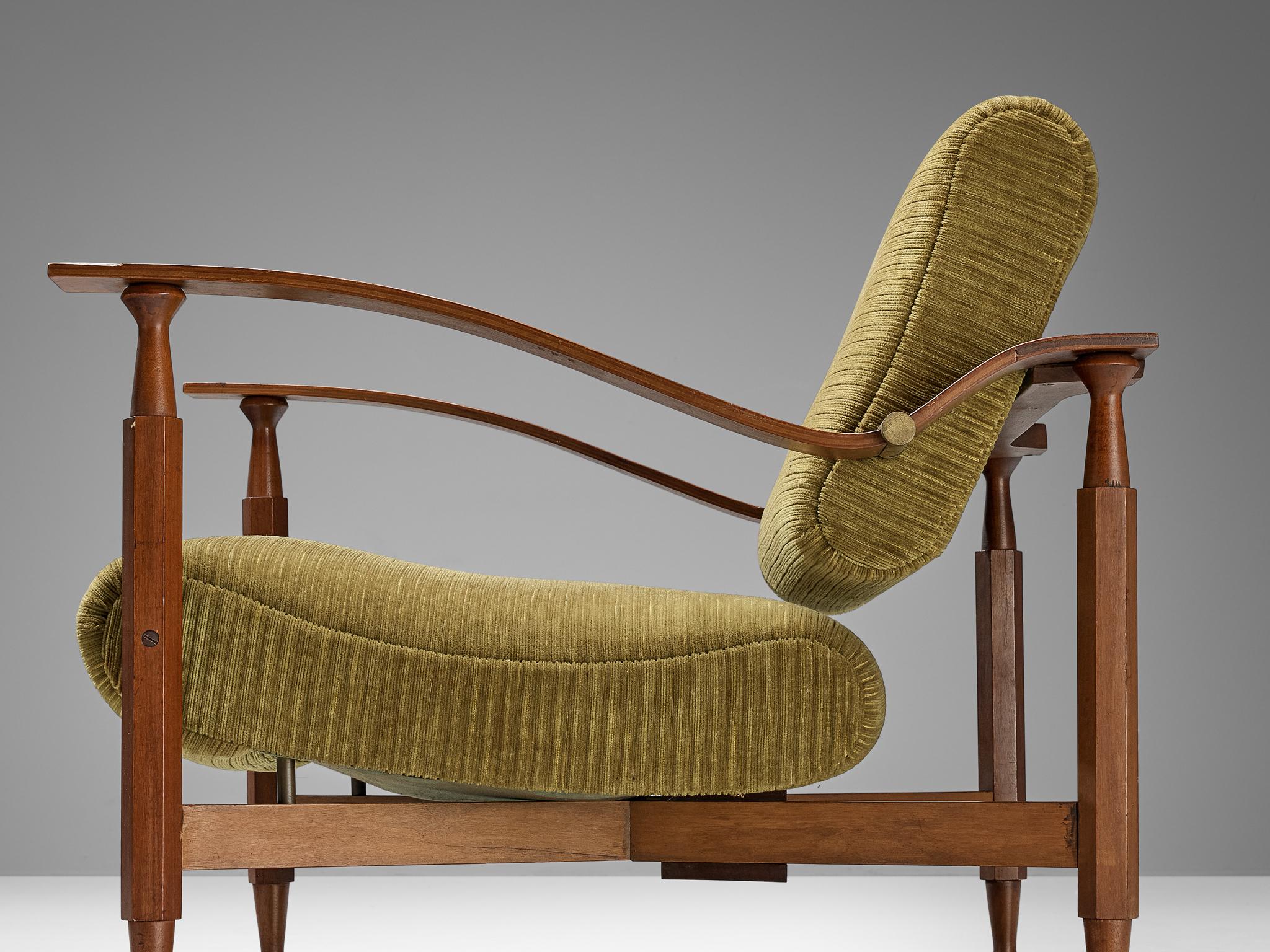 Italian Pair of Lounge Chairs in Moss Green Chenille and Walnut For ...
