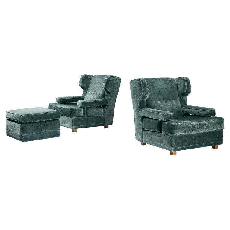 Italian Pair of Wingback Chairs with Ottoman in Mint Green Velour For ...