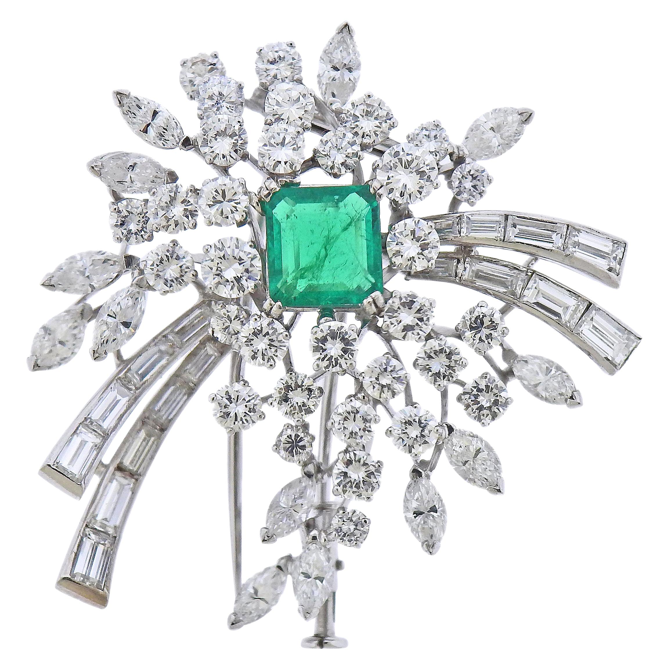 1950s Emerald Diamond Platinum Brooch at 1stDibs