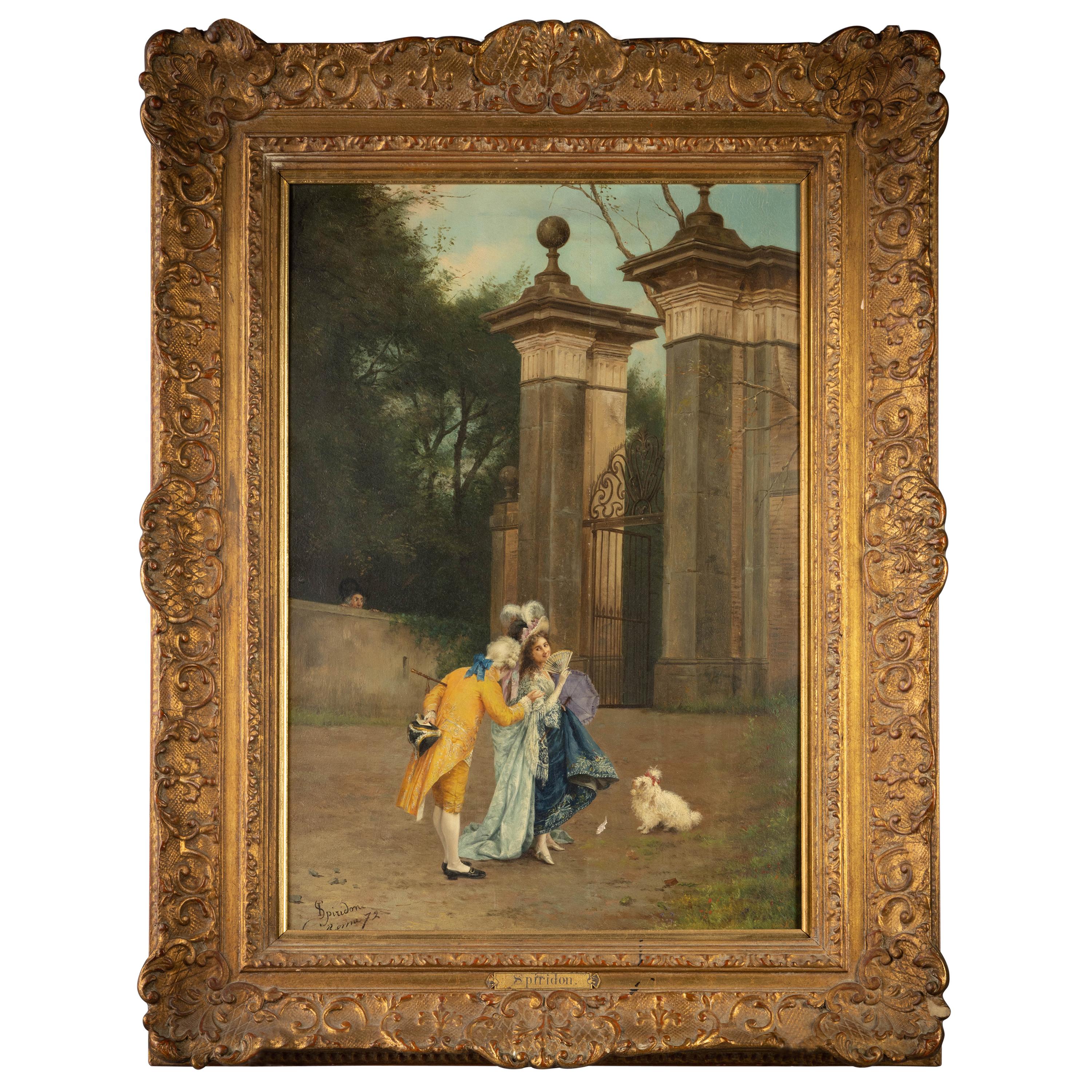 Large Classical Original Oil Painting of Three Men and a Dog For Sale ...