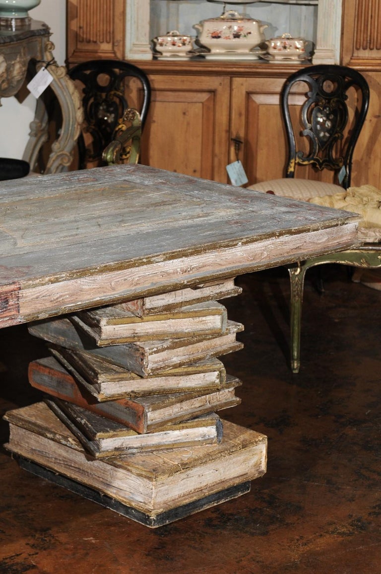 Italian Polychrome Wood Library Table with Hand Carved Books, Florence ...