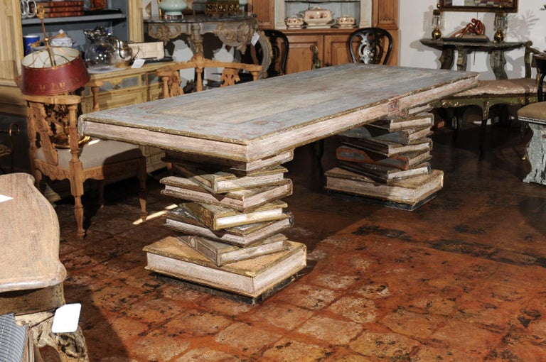 Italian Polychrome Wood Library Table with Hand Carved Books, Florence ...