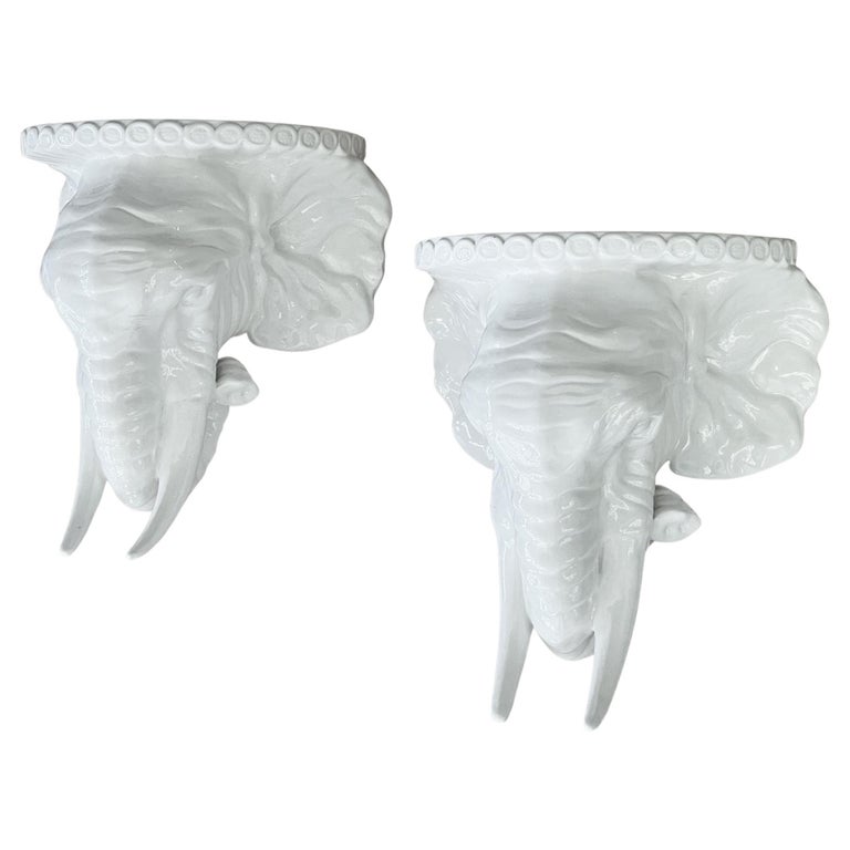 Italian Porcelain Elephant Head Wall Shelves, a Pair For Sale at 1stDibs