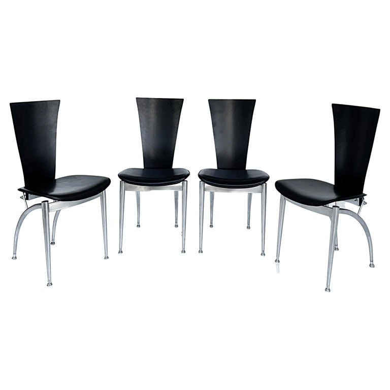Italian Post-Modern Wood, Leather, Stainless Dining Chairs, Set of 4 ...