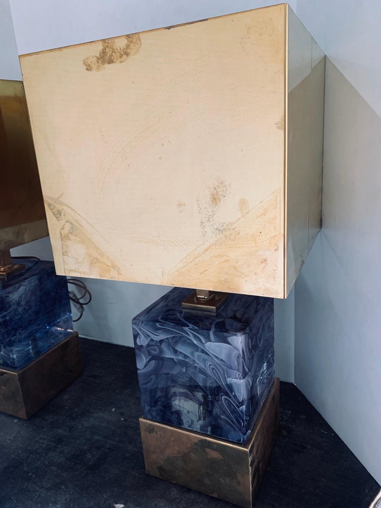 Italian Purple Resin and Brass Block Lamps with Brass Shades at 1stDibs