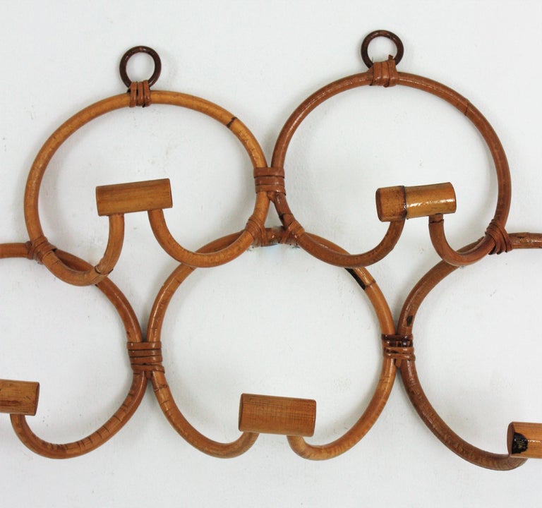 Italian Rattan and Bamboo Wall Coat Rack with Hooks, 1960s For Sale at ...