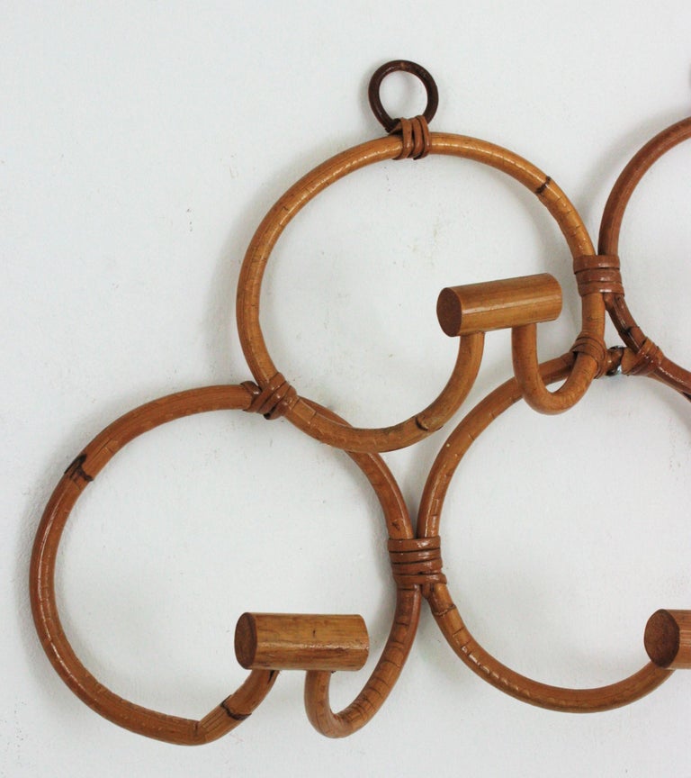 Italian Rattan and Bamboo Wall Coat Rack with Hooks, 1960s For Sale at ...
