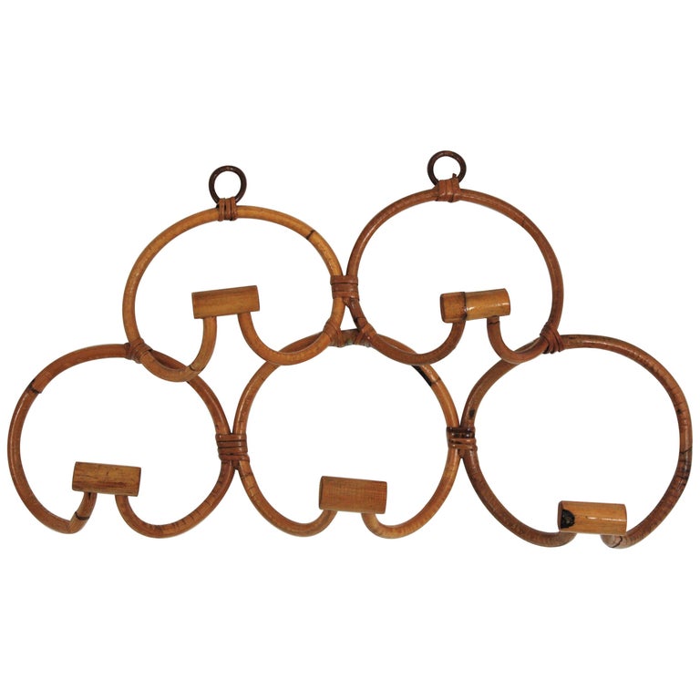Italian Rattan and Bamboo Wall Coat Rack with Hooks, 1960s For Sale at ...