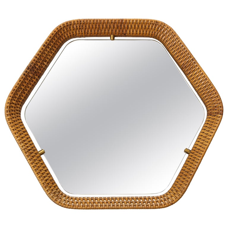 Italian Rattan and Brass Hexagon Shaped Mirror by Cantu, 1950s For Sale ...