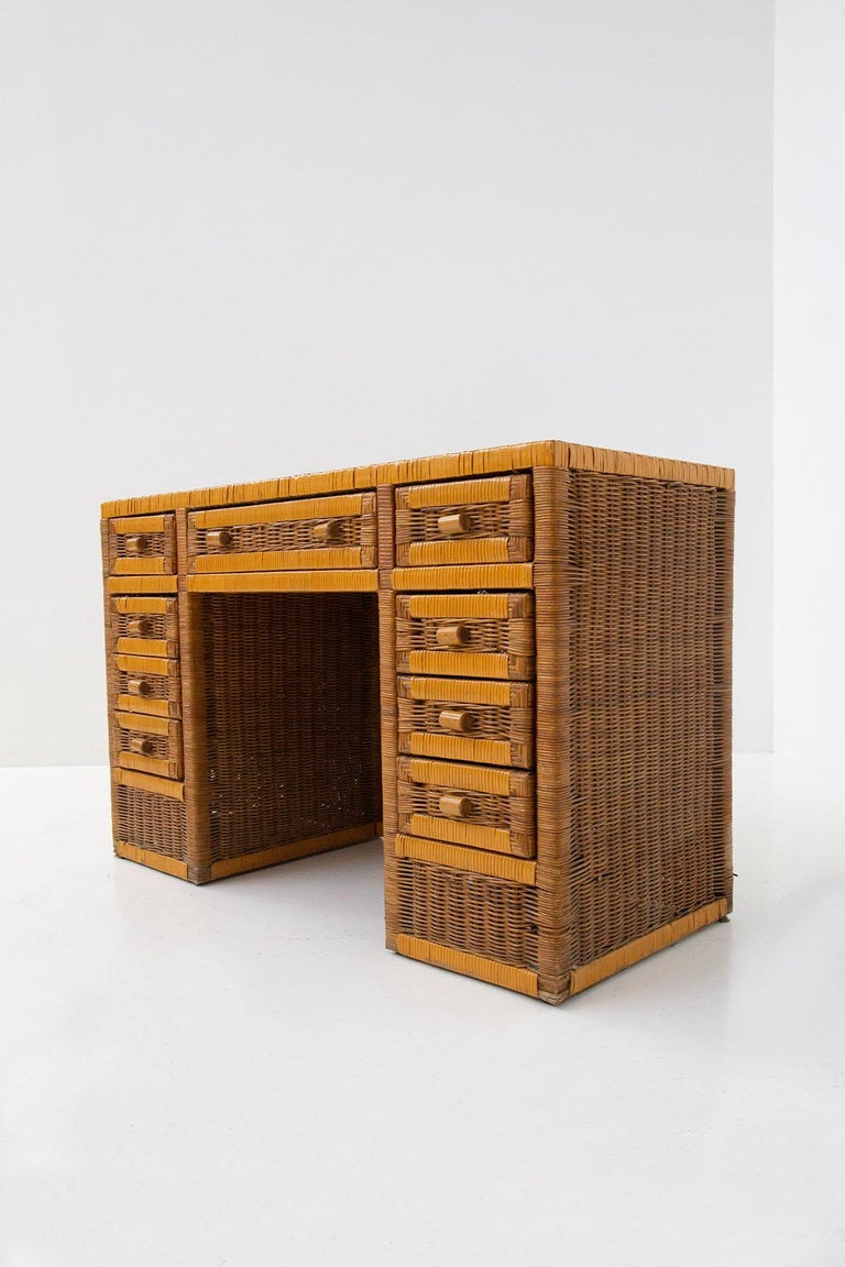 Italian Rattan Writing Desk with Drawers For Sale at 1stDibs