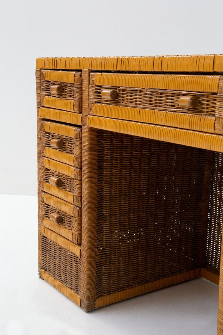 Italian Rattan Writing Desk with Drawers For Sale at 1stDibs