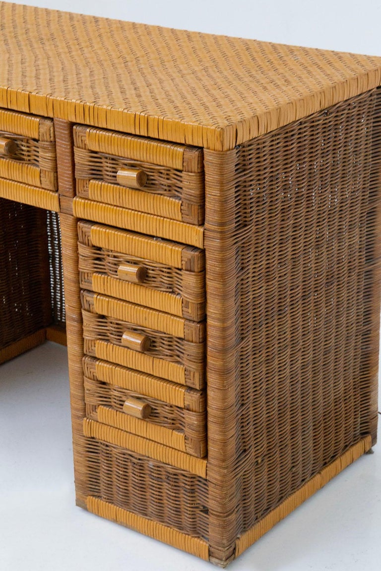 Italian Rattan by Tito Agnoli Writing Desk with Drawers For Sale at 1stDibs