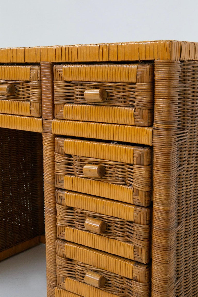 Italian Rattan by Tito Agnoli Writing Desk with Drawers For Sale at 1stDibs