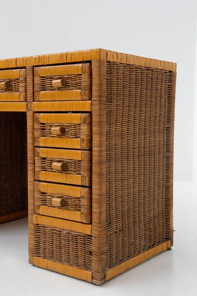 Italian Rattan Writing Desk with Drawers For Sale at 1stDibs