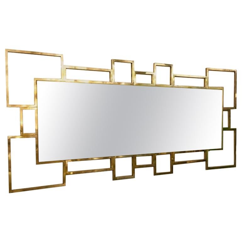 Italian Rectangular Brass Frame Mirror Geometric Shape, 1980s at 1stDibs