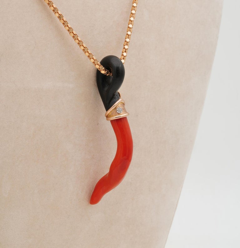 Italian Red and Black Natural Coral Diamond Big Cornicello with Snake ...