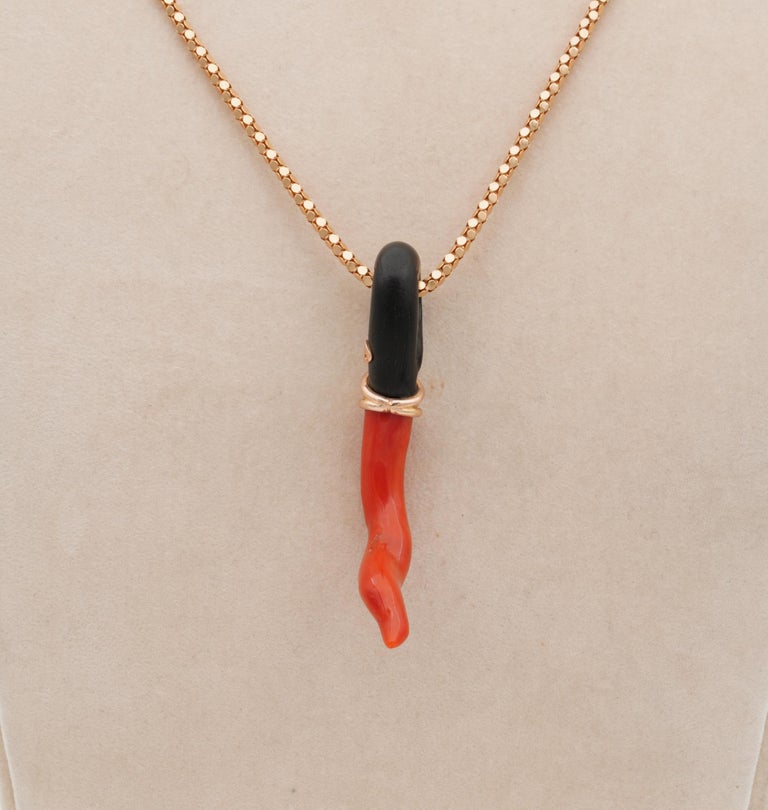 Italian Red and Black Natural Coral Diamond Big Cornicello with Snake ...