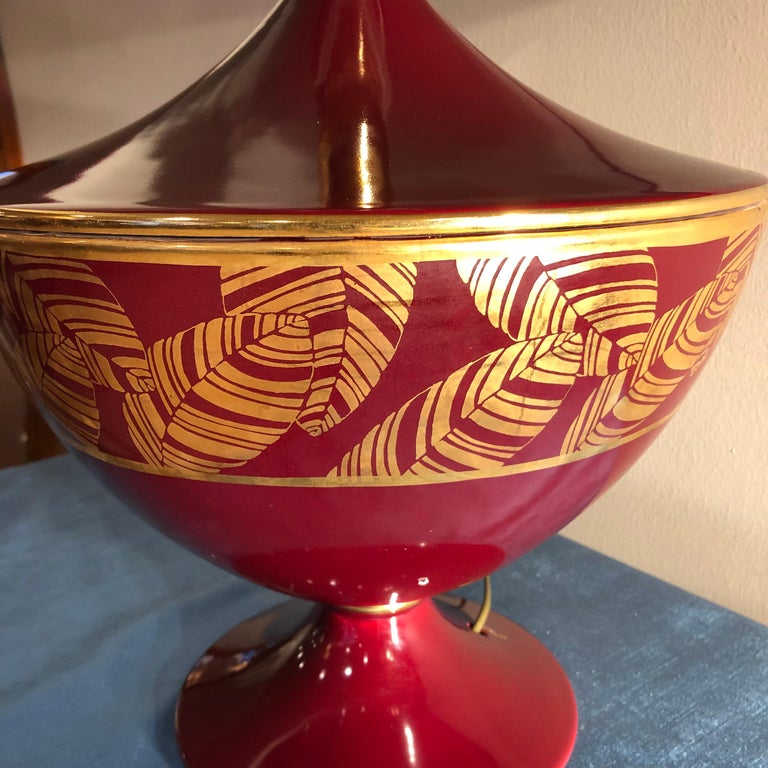 Italian Red and Gold Floral Details Ceramic Table Lamps, 1980s Bosa ...