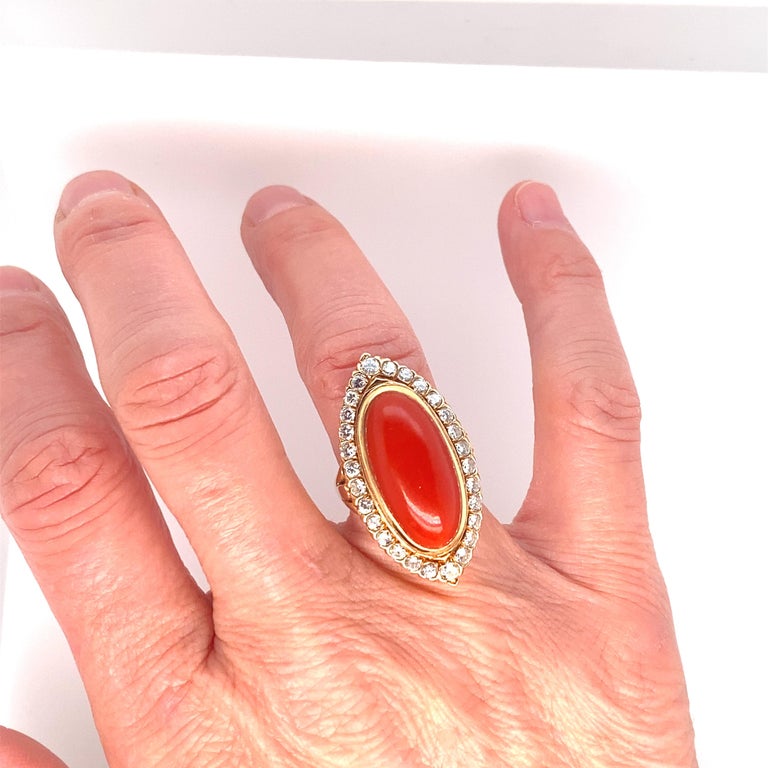 Italian Red Coral Vintage Cabochon Ring with Diamonds For Sale at 1stDibs