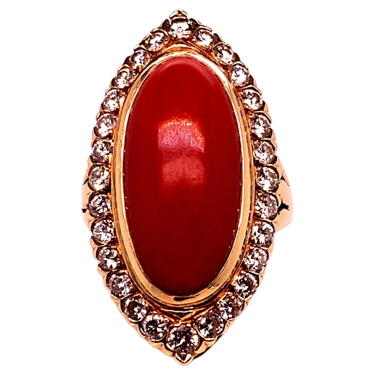 Italian Red Coral Vintage Cabochon Ring with Diamonds For Sale at 1stDibs