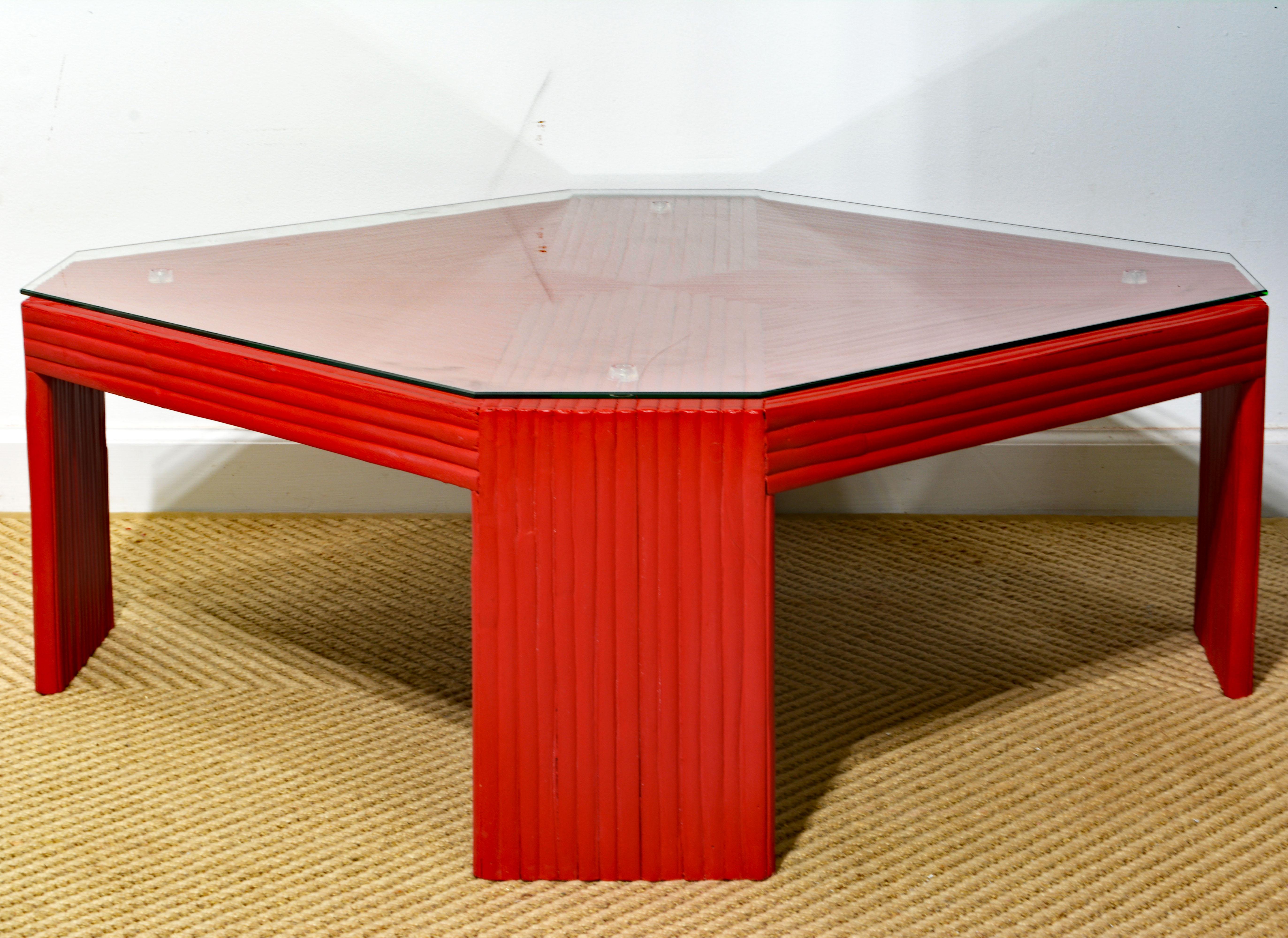 Italian Red Lacquered Shaped Split Bamboo Reed Floating Glass Top ...