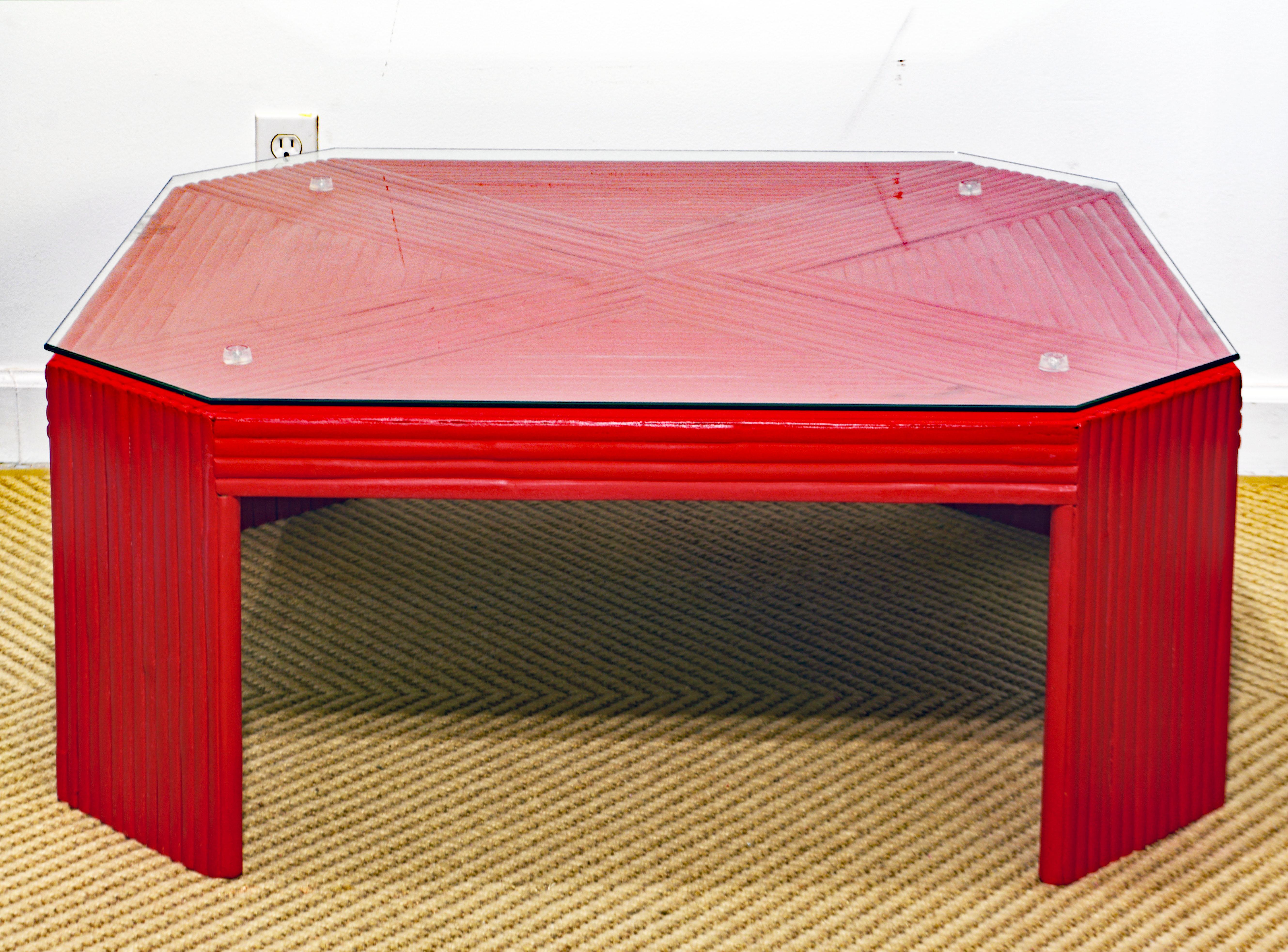 Italian Red Lacquered Shaped Split Bamboo Reed Floating Glass Top ...