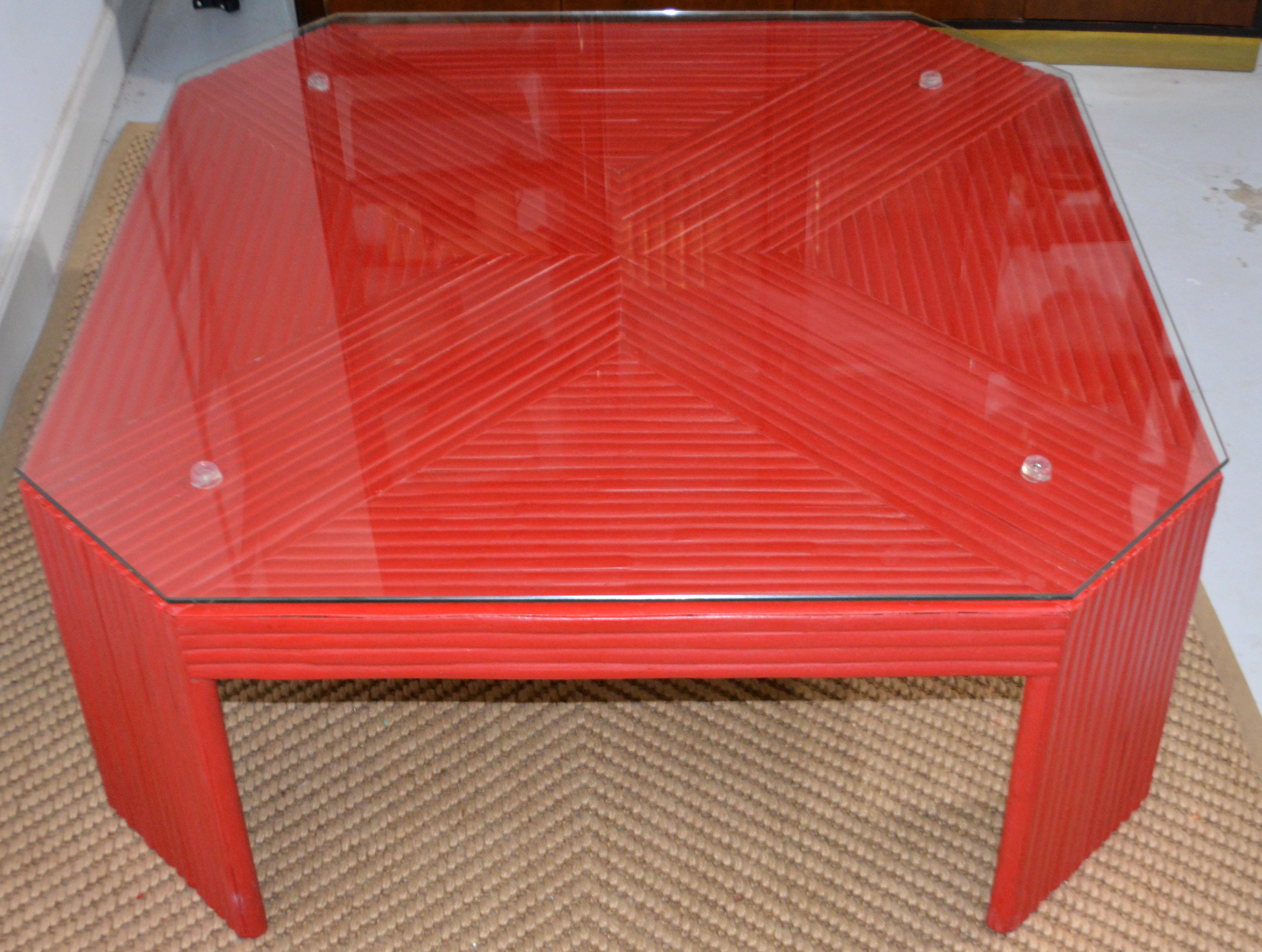 Italian Red Lacquered Shaped Split Bamboo Reed Floating Glass Top ...
