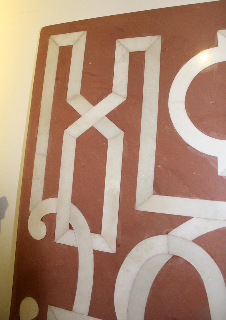 Italian Red Sandstone Tabletop with White Marble Geometric Inlays For ...