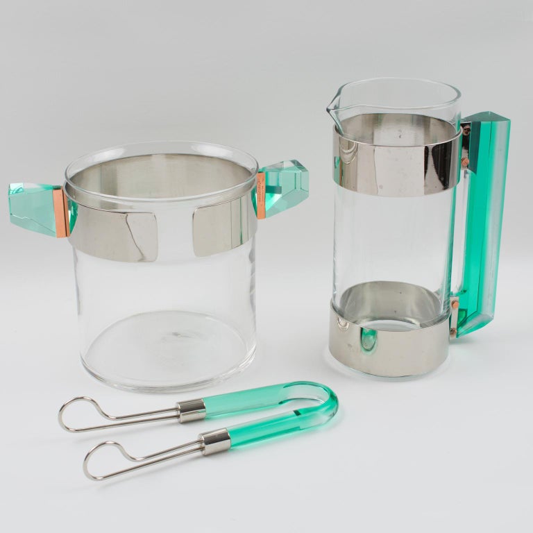 Rede Guzzini Silver Plate Lucite Martini Pitcher Ice Bucket Set at 1stDibs