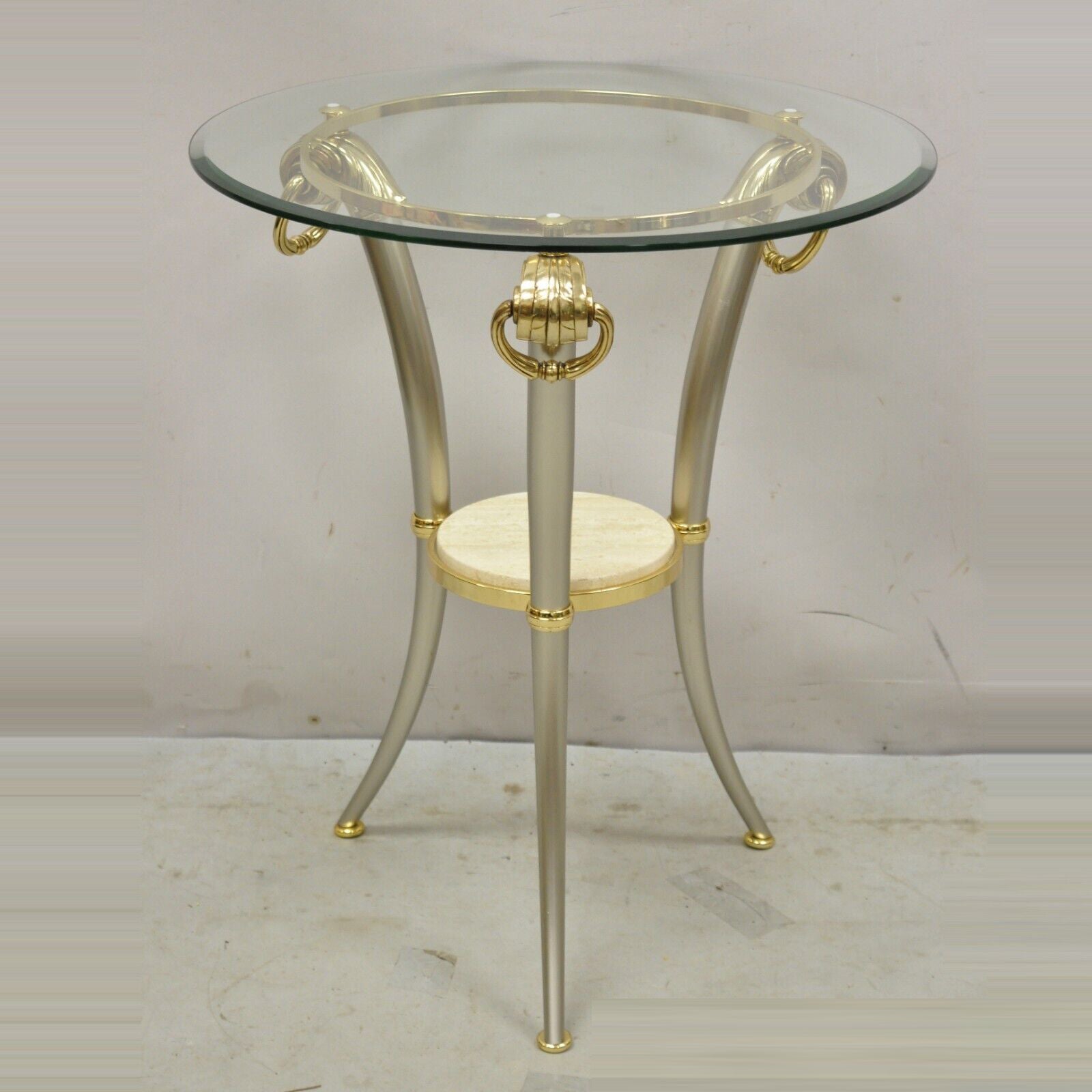 Italian Regency Style Steel and Brass Tripod Base Round Glass Top Side ...