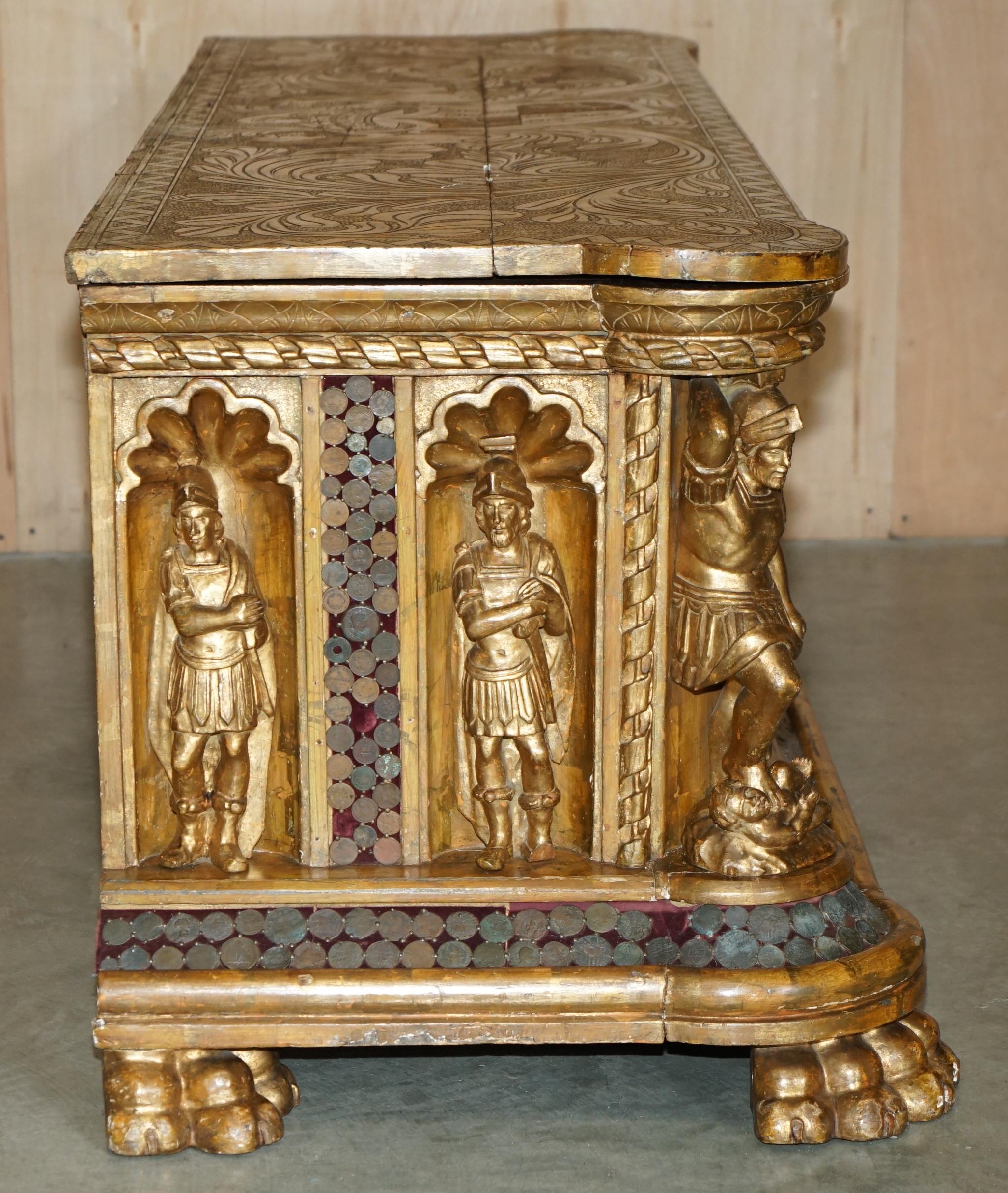 ITALIAN RENAISSANCE 1860 COINED GiLTWOOD CASSONE TRUNK ARMORIAL COAT OF ...