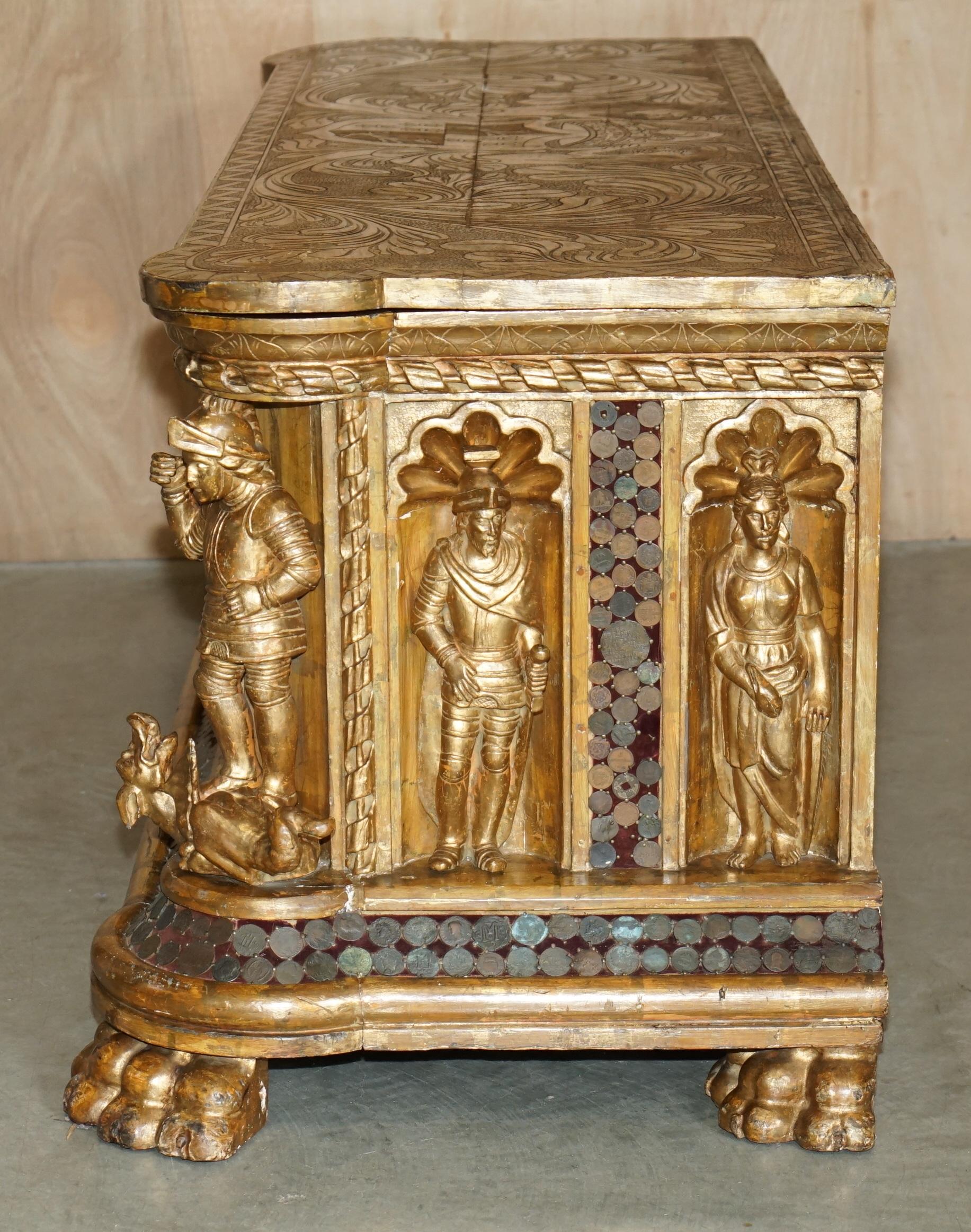 ITALIAN RENAISSANCE 1860 COINED GiLTWOOD CASSONE TRUNK ARMORIAL COAT OF ...