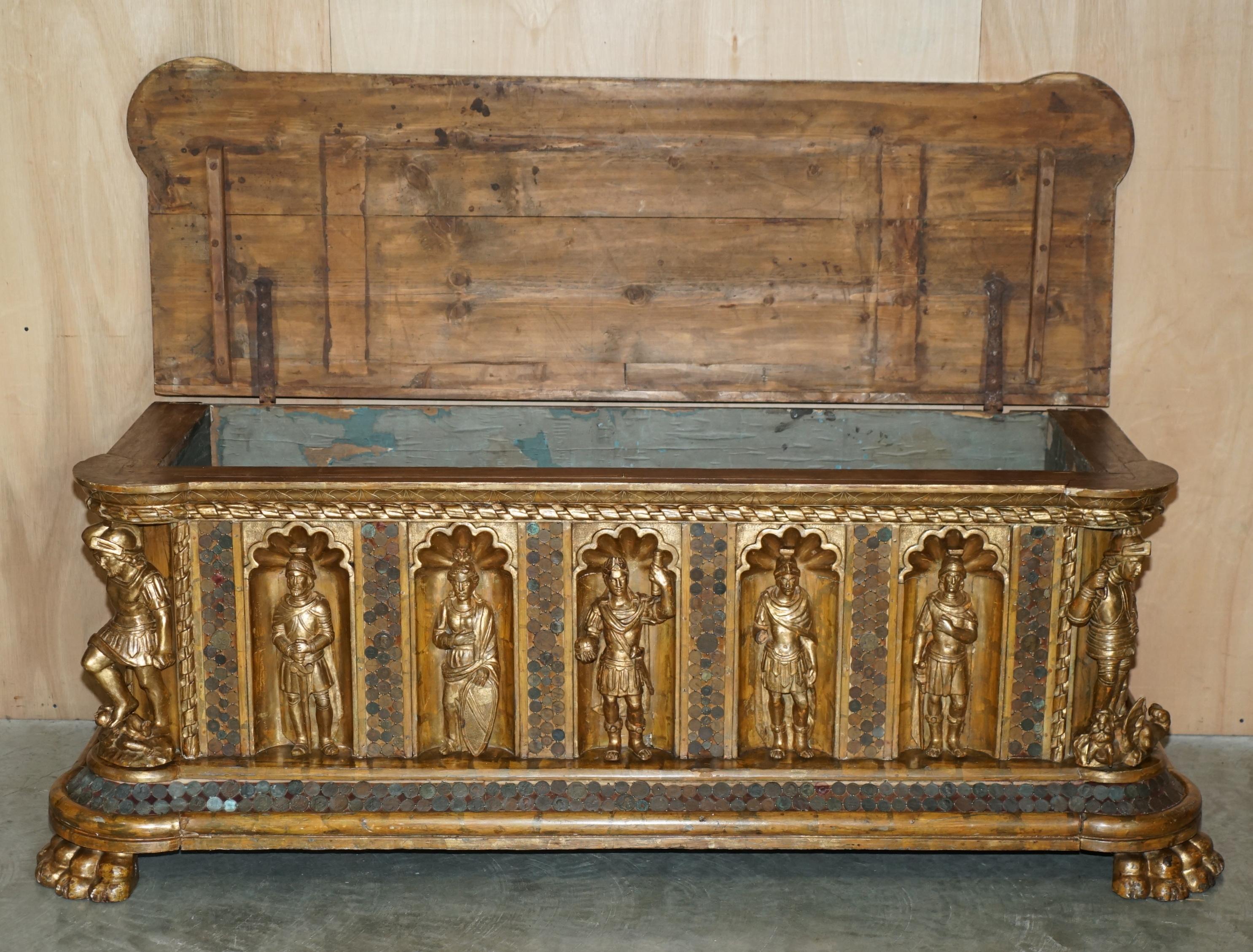 ITALIAN RENAISSANCE 1860 COINED GiLTWOOD CASSONE TRUNK ARMORIAL COAT OF ...