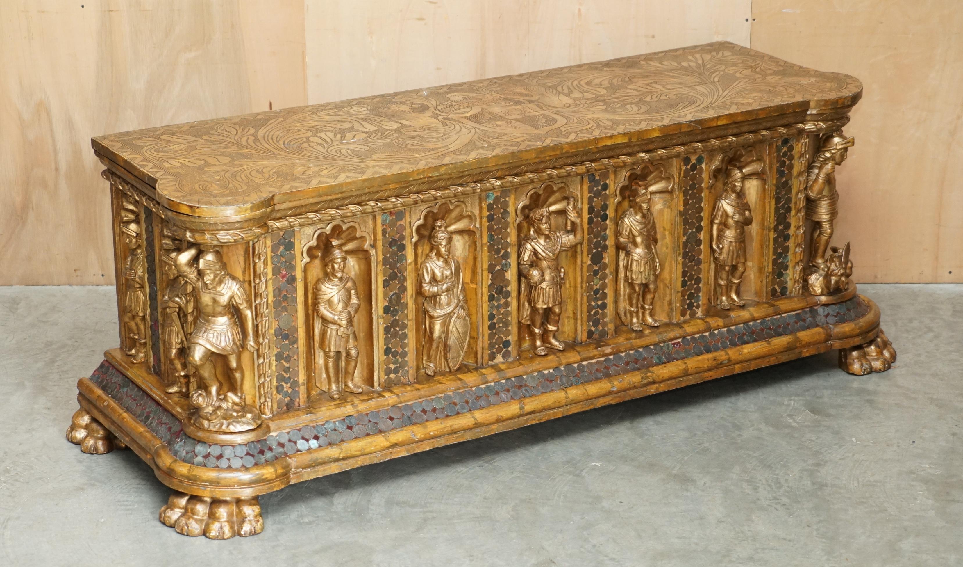 ITALIAN RENAISSANCE 1860 COINED GiLTWOOD CASSONE TRUNK ARMORIAL COAT OF ...