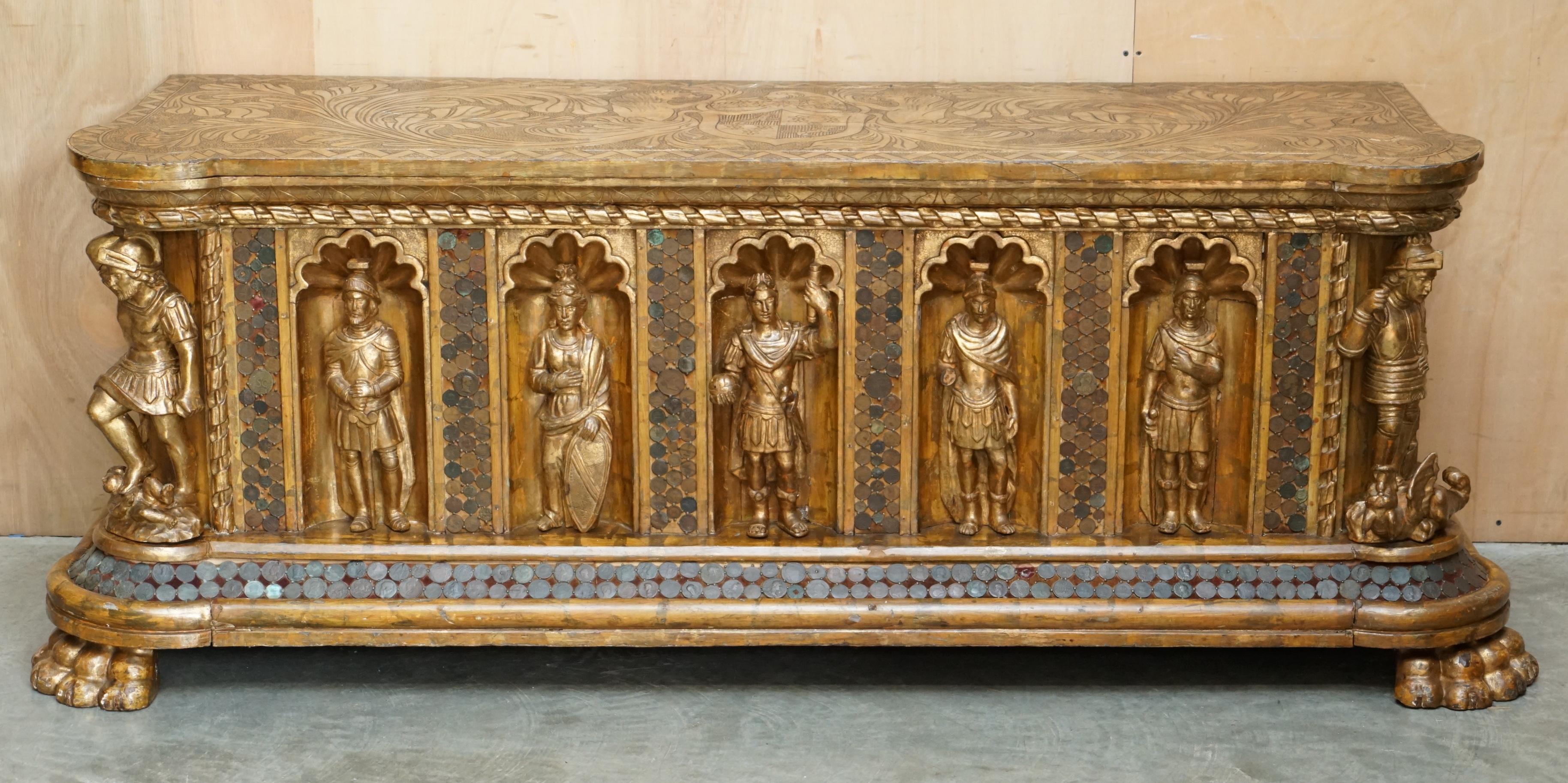 ITALIAN RENAISSANCE 1860 COINED GiLTWOOD CASSONE TRUNK ARMORIAL COAT OF ...