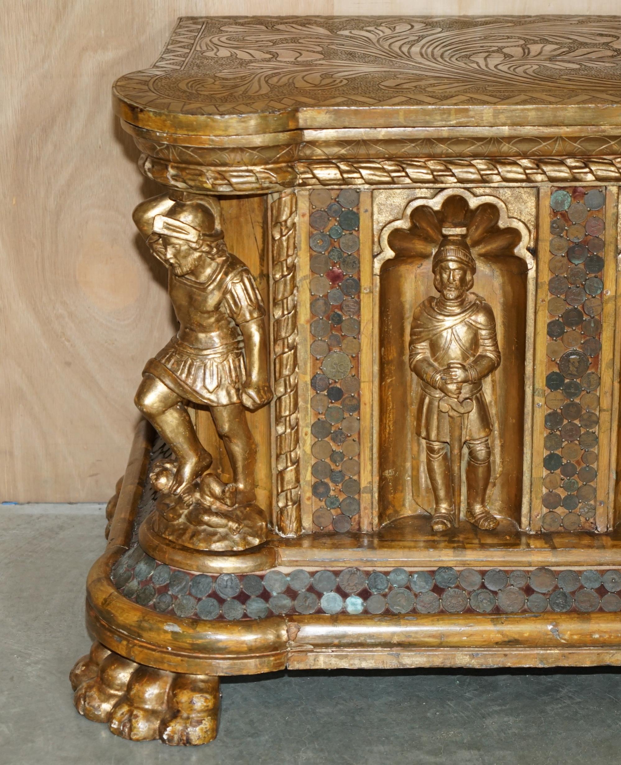 ITALIAN RENAISSANCE 1860 COINED GiLTWOOD CASSONE TRUNK ARMORIAL COAT OF ...