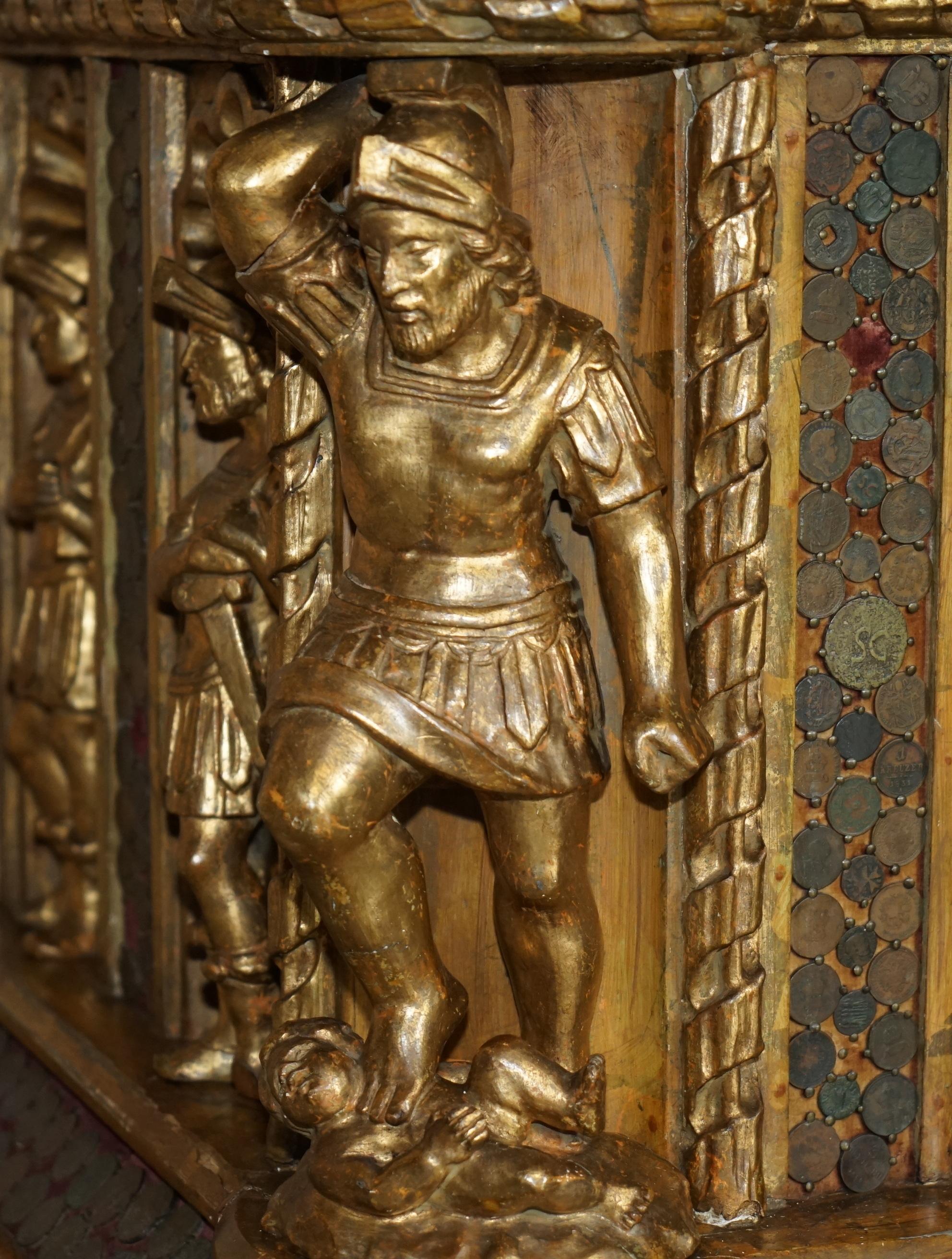 ITALIAN RENAISSANCE 1860 COINED GiLTWOOD CASSONE TRUNK ARMORIAL COAT OF ...