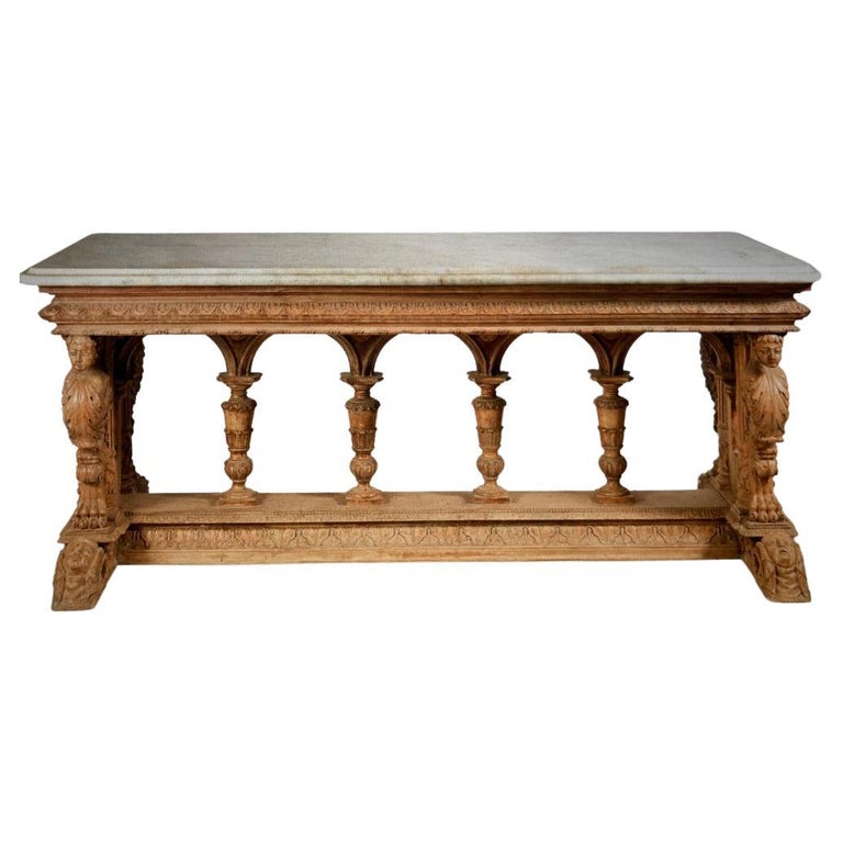 Italian Renaissance Revival Carved Walnut Library Table with Marble Top ...