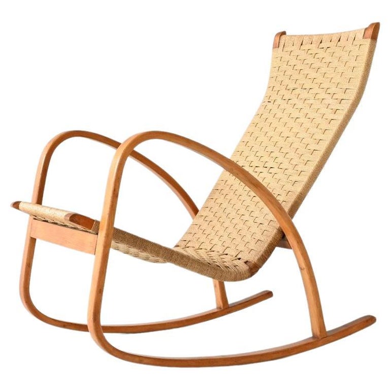 Italian Rocking Chair Paper Cord and Birch Plywood Italy 1960 at 1stDibs
