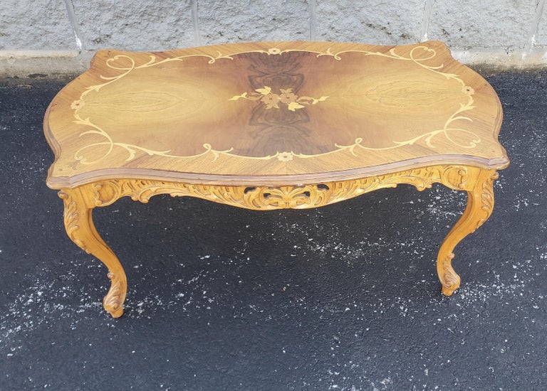 Italian Rococo Revival Marquetry Fruitwood Coffee Table For Sale at 1stDibs