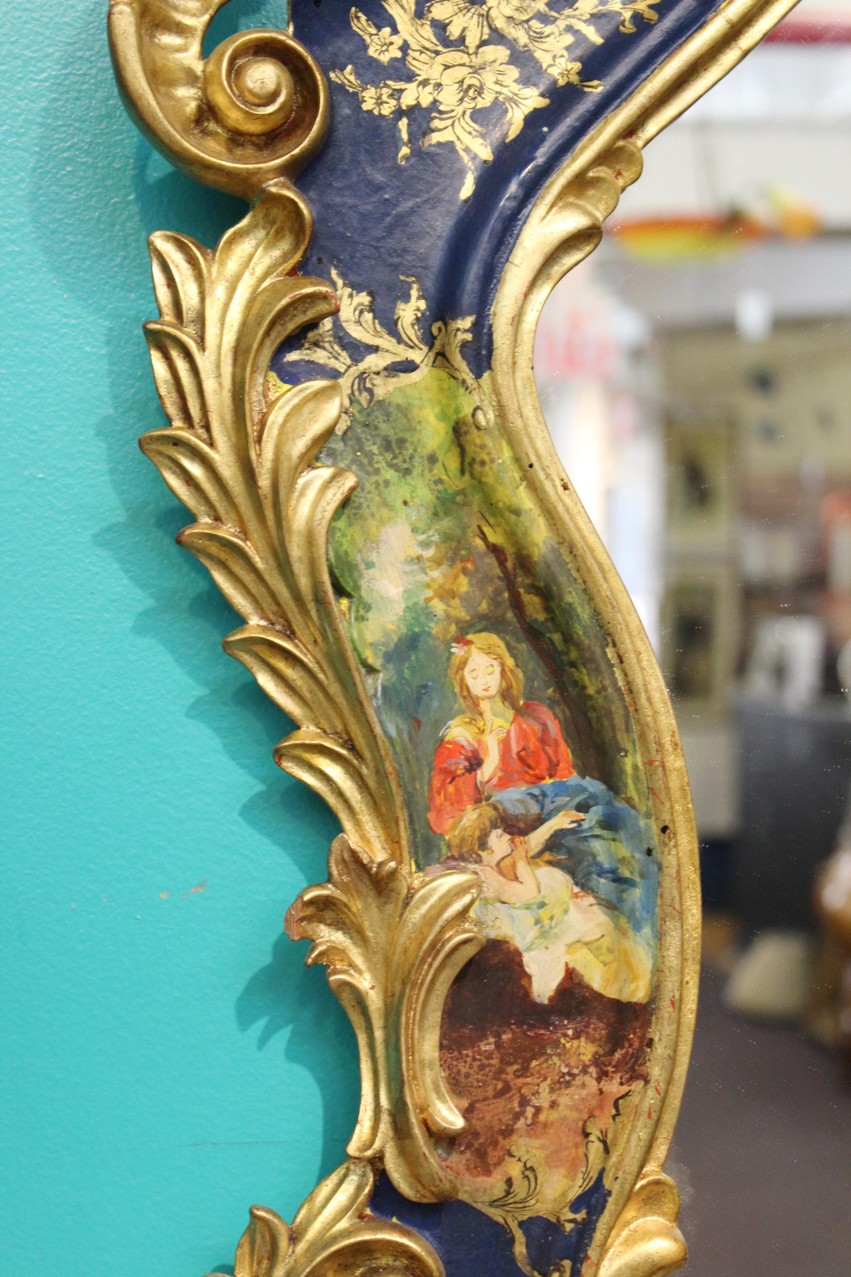 Italian Rococo Revival Style Giltwood Hand Painted Wall Mirror at 1stDibs