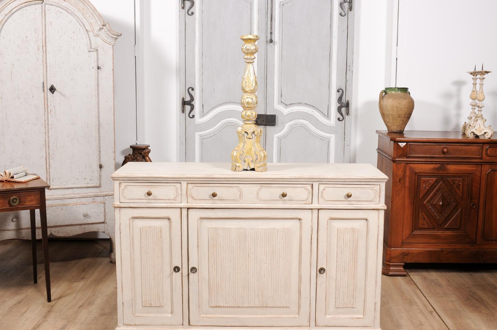 Italian Rococo Style 1890s Giltwood Painted Candlestick with Carved ...