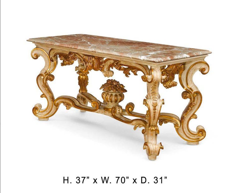 Italian Rococo Style Console Center Table with Marble Top, 20th Century ...