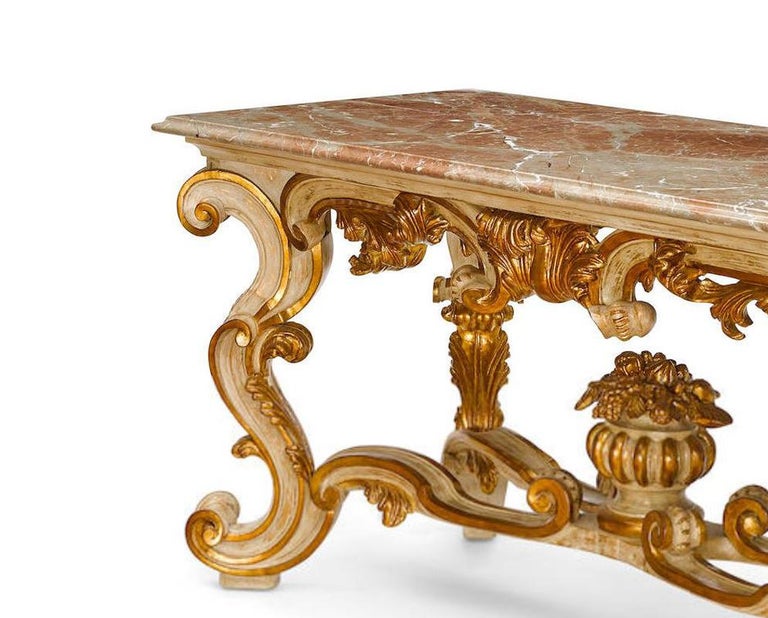 Italian Rococo Style Console Center Table with Marble Top, 20th Century ...