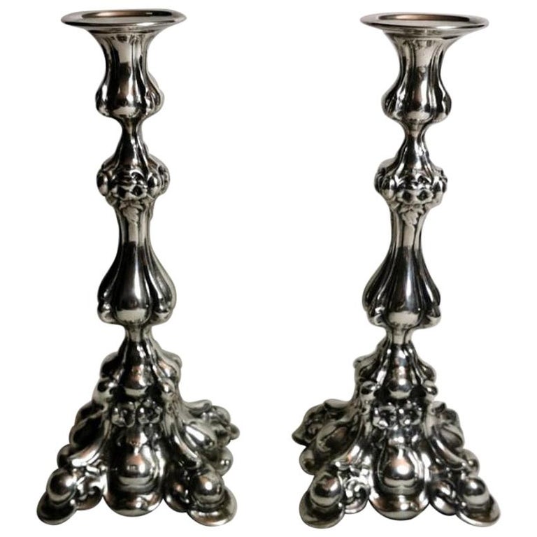 Italian Rococo Style Pair of Silver Candlesticks For Sale at 1stDibs