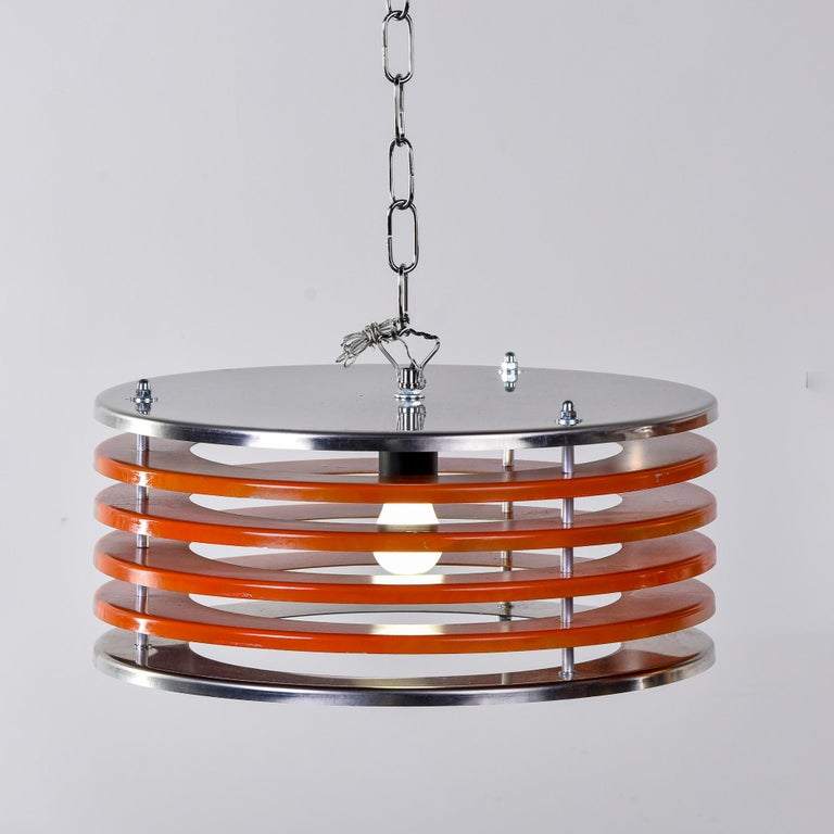 Italian Round Metal Pendant Light with Orange and Polished Chrome ...
