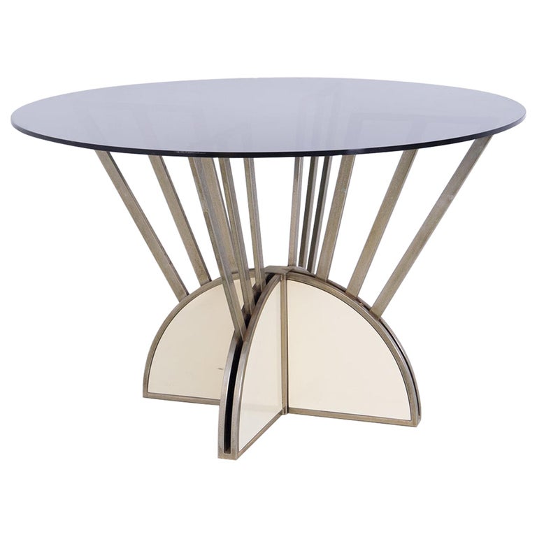 Italian Round Table in Steel and Aluminium with Smoked Glass at 1stDibs