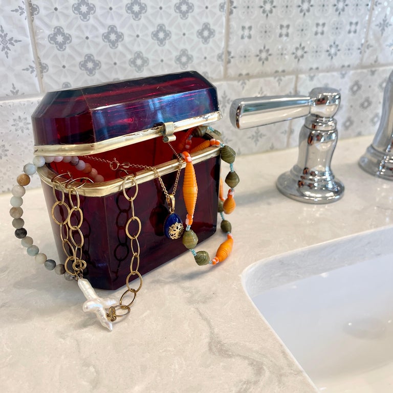 Italian Ruby Red Glass Jewelry Box With Sailboat Decoration For Sale at ...