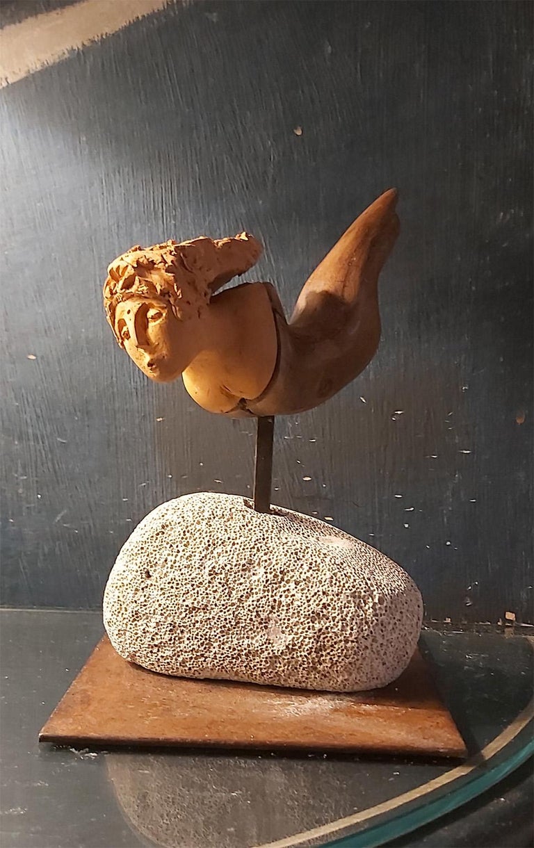 Italian Sculpture Sirena in Terracotta Wood and Pumice Stone on Metal ...