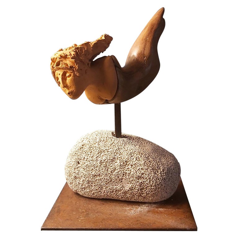Italian Sculpture Sirena in Terracotta Wood and Pumice Stone on Metal ...
